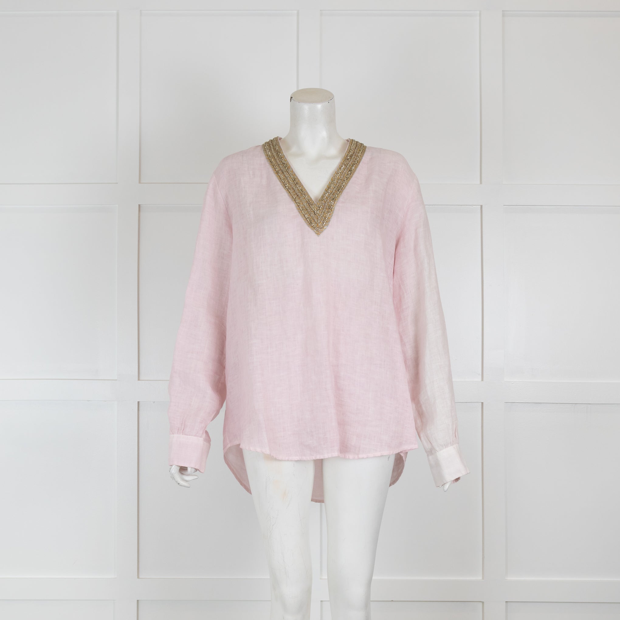 120% Lino Pale Pink Linen Top with Applica V Neck – Phoenix Style
