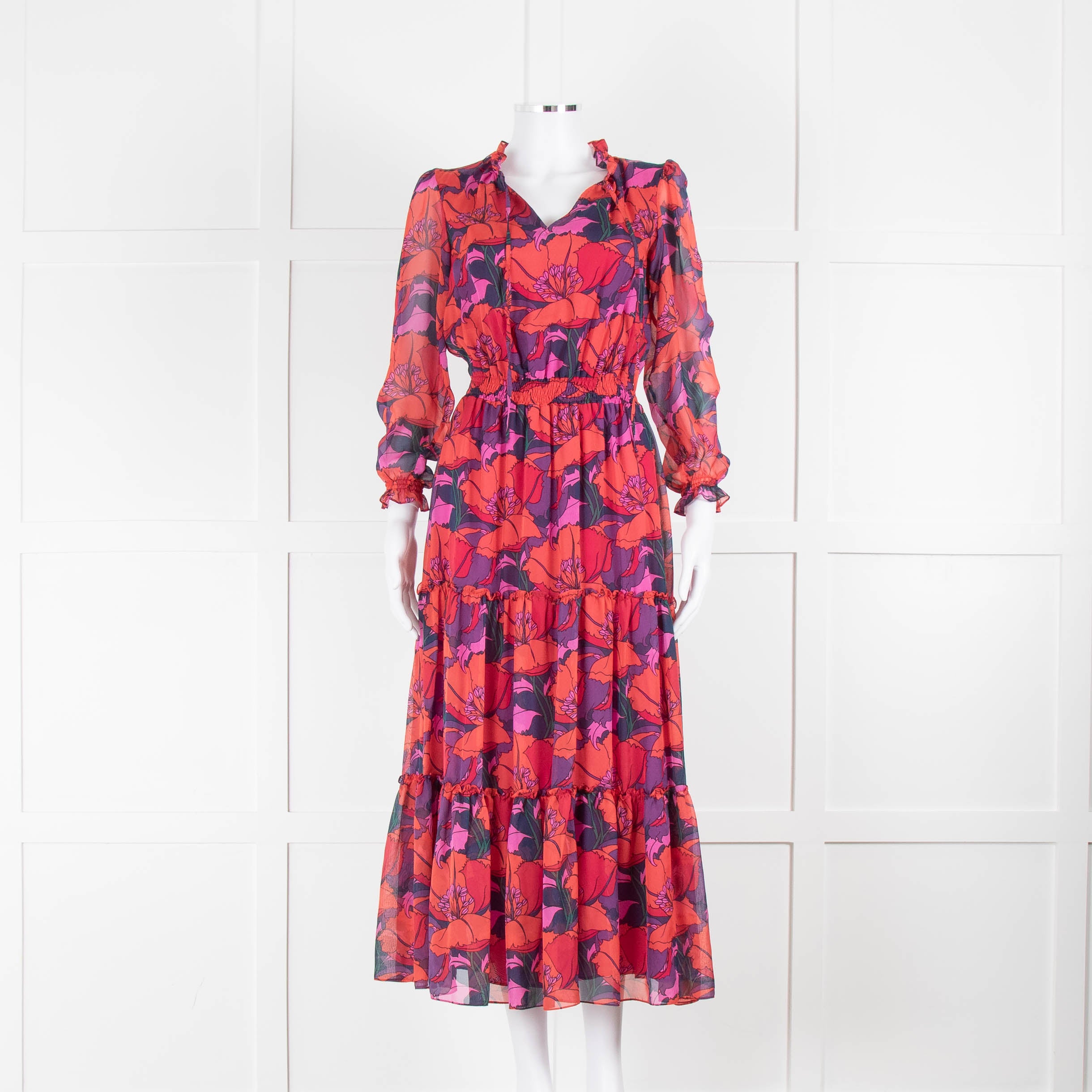 Ridley Red Purple Orange Poppy Print Silk Maxi Dress – Phoenix Style